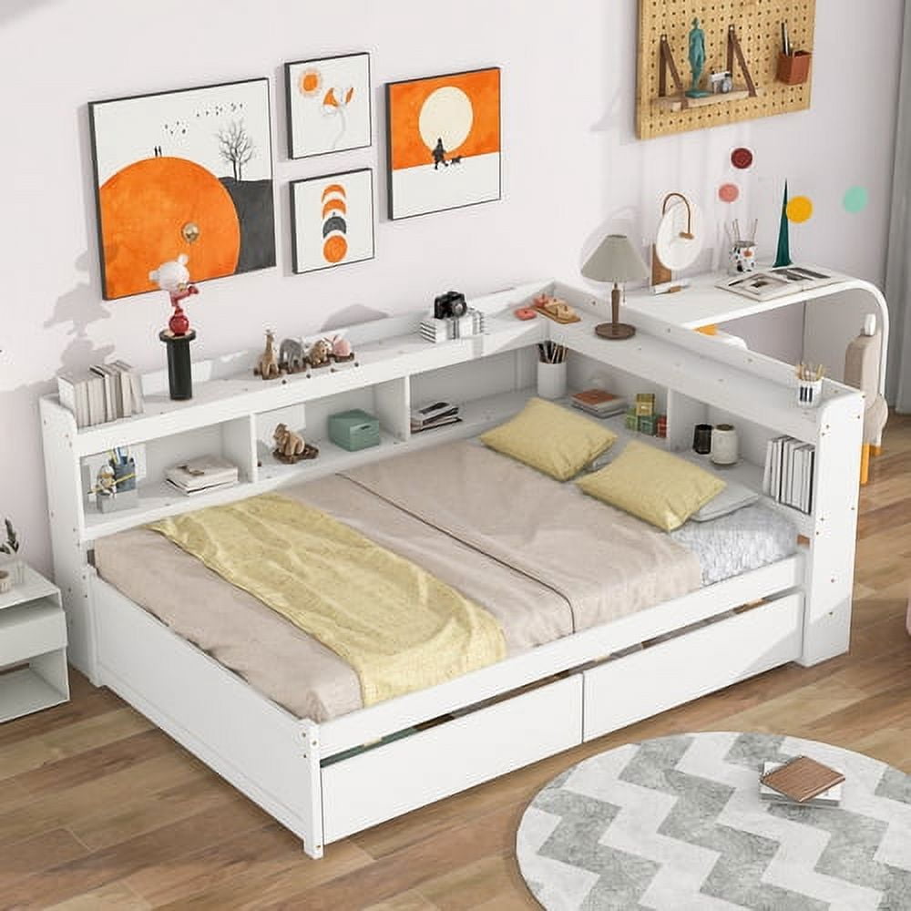 Full Size Daybed,Wood Bed Frame with 2 Storage Drawers and L-Shaped ...