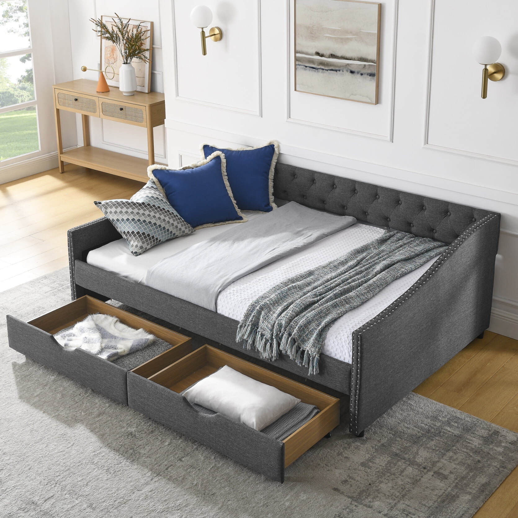 Full Size Daybed with 2 Storage Drawers, Upholstered Bed Frame for ...