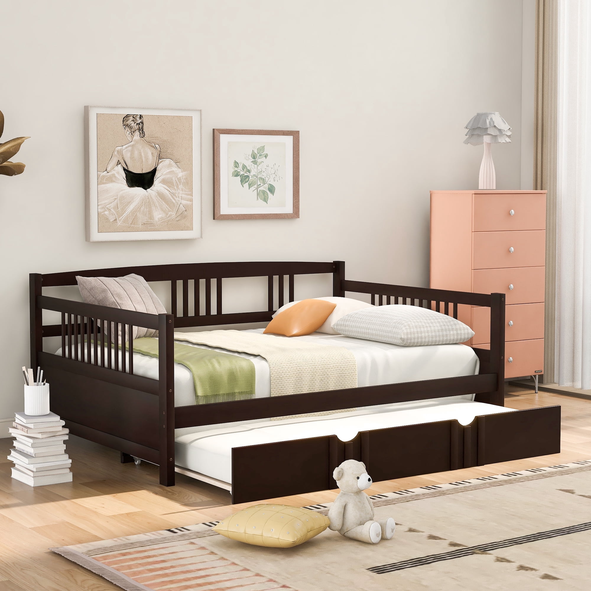 Wooden Full Size Daybed with Double Storage Trundle, Slat Support ...