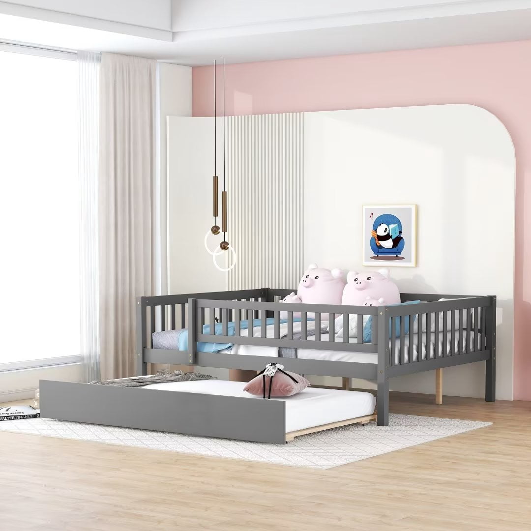 Full Size Daybed with Trundle, Solid Wood Low Platform Bed with Fence ...