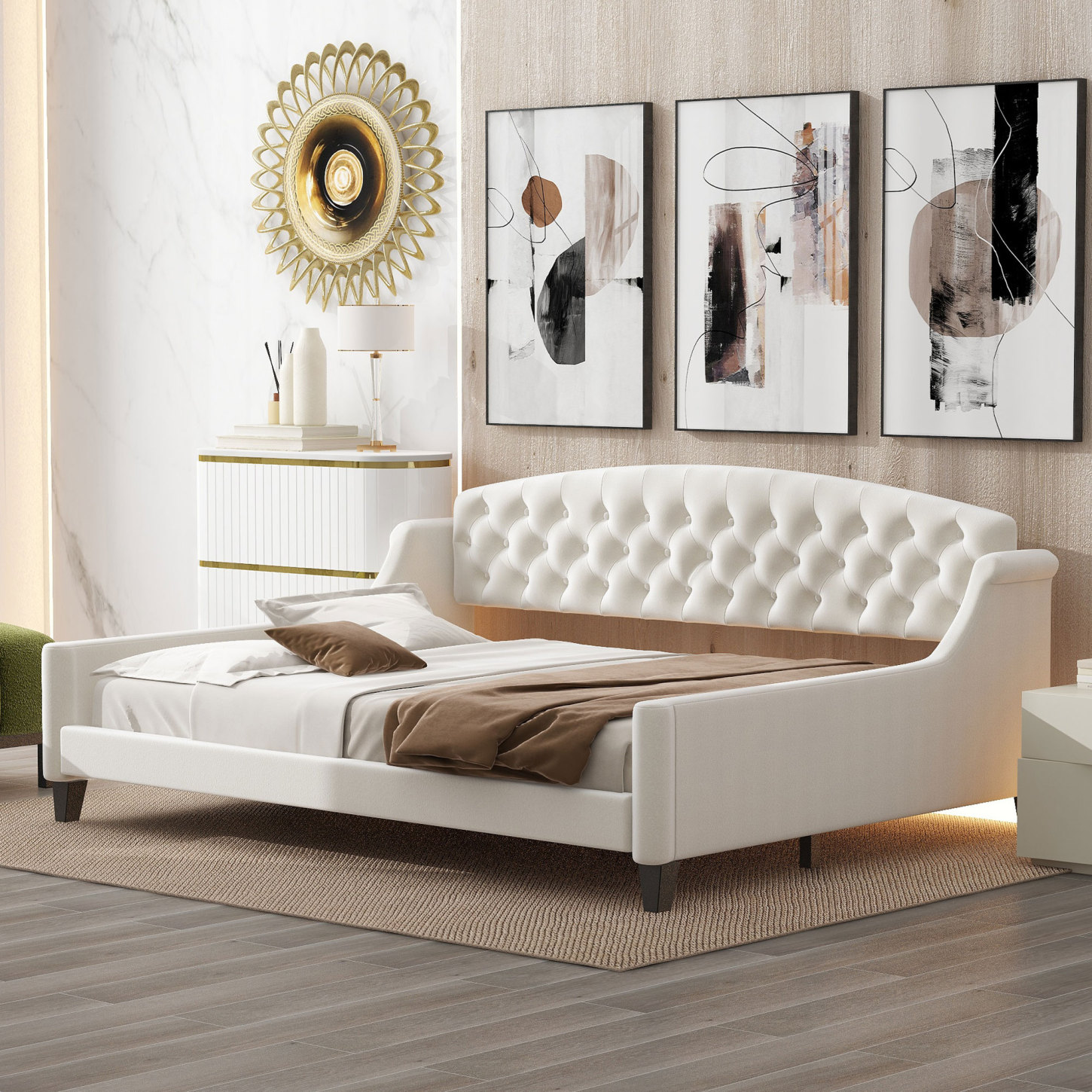 Full-Size Elegant Modern Luxury Tufted Button Daybed, Beige, Sturdy ...