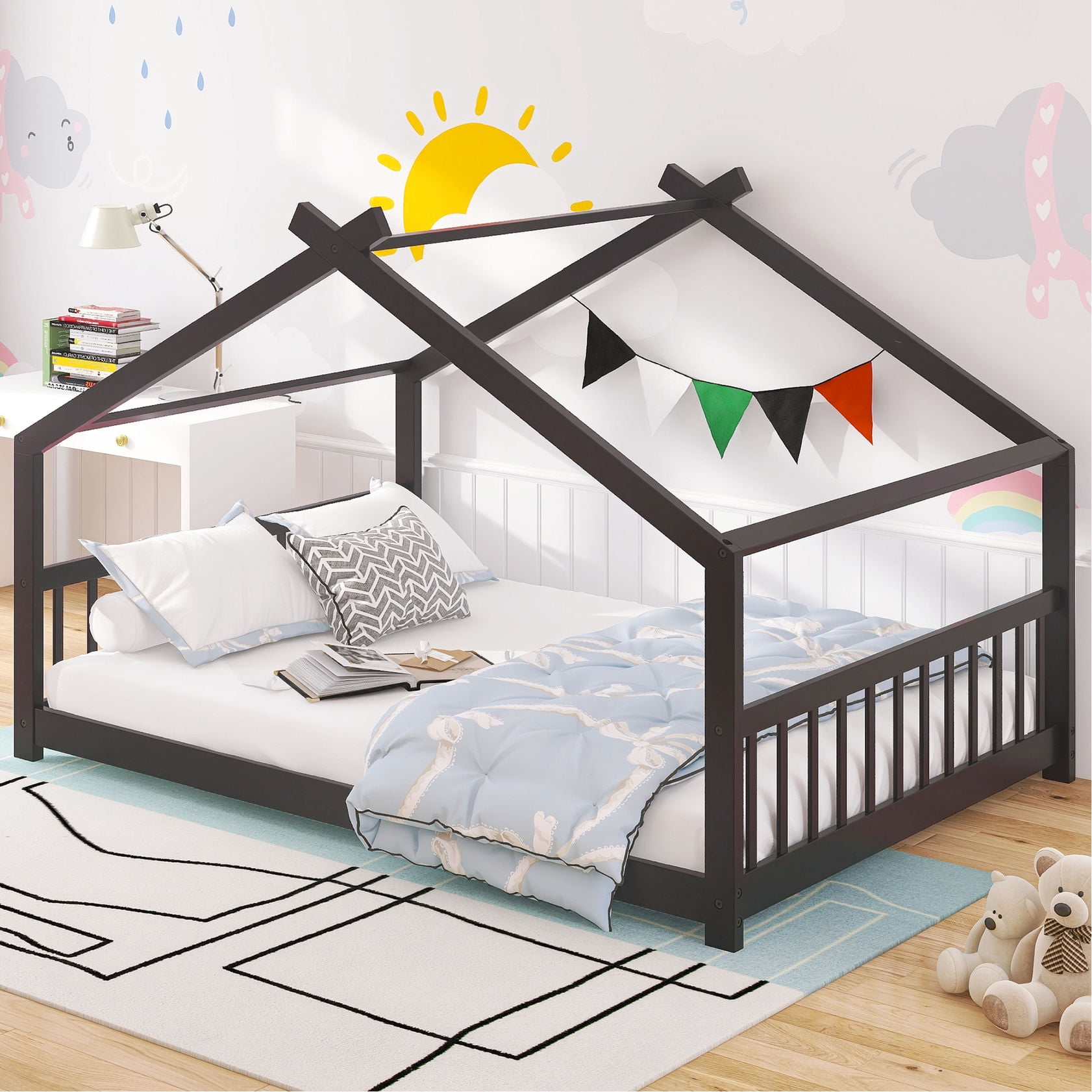 Full Size Espresso Pinewood House Bed | Facilitates Good Sleep with Air ...