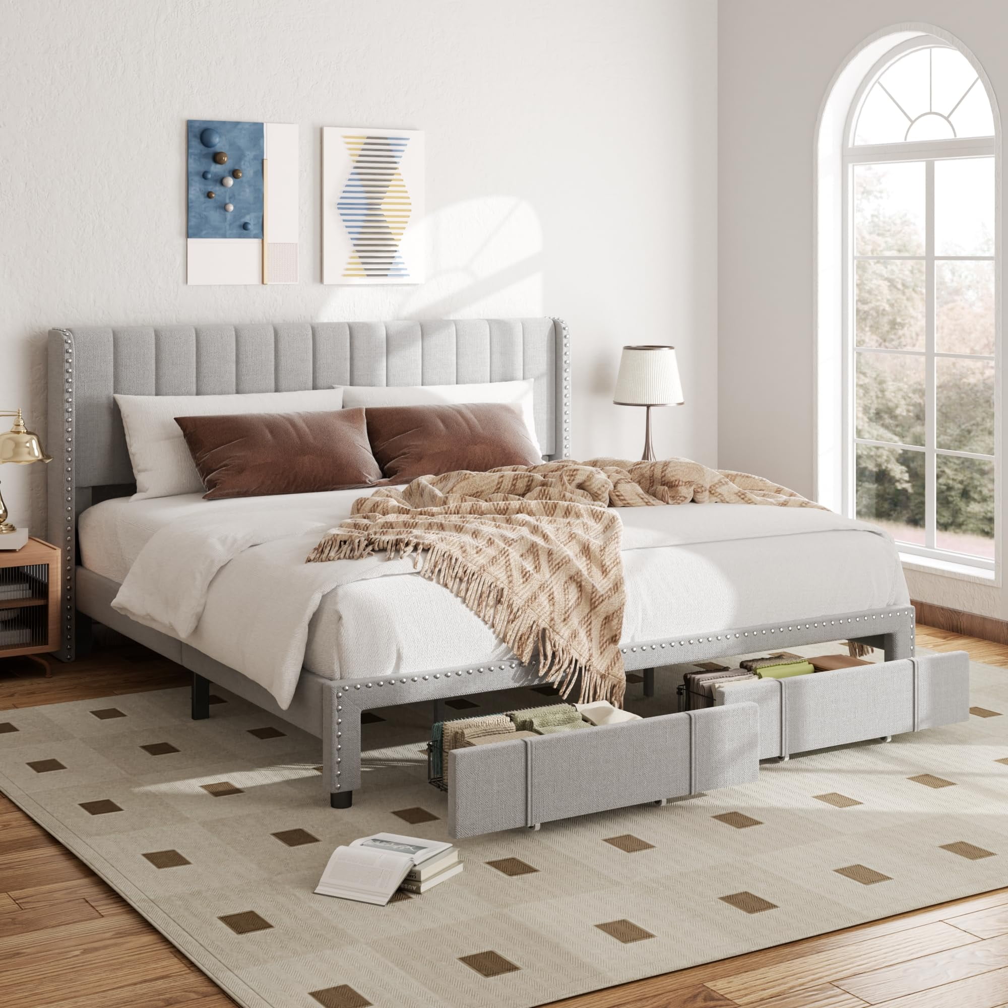 Full Size Fabric Bed Frame with Reinforced Wood Slats, 3-Level ...