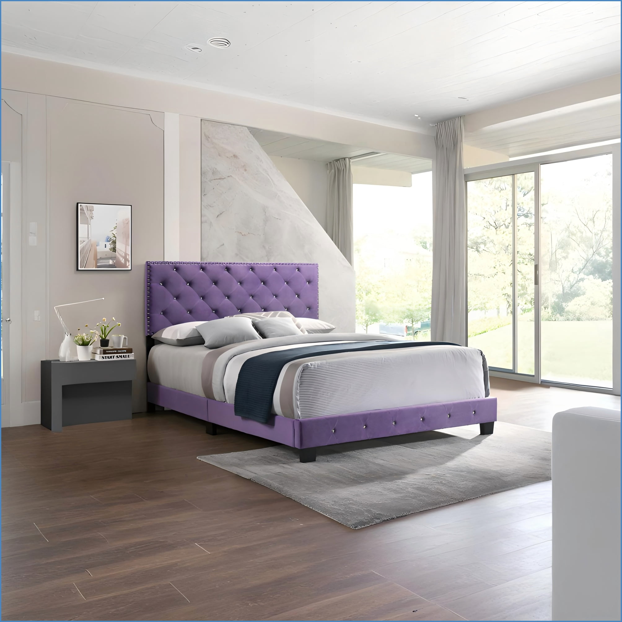 Full Size Fabric-Covered Platform Bed with Faux-Wood Legs, Purple ...
