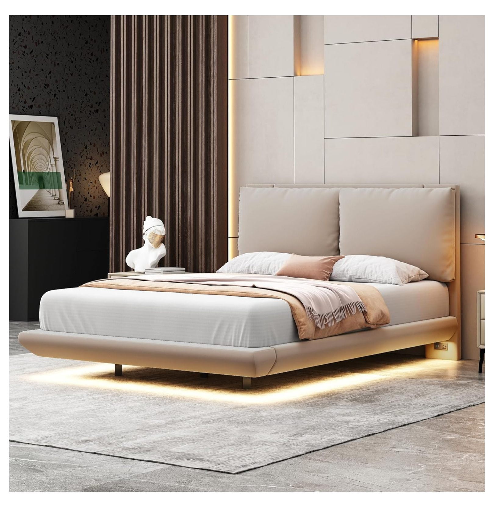 Full Size Floating Bed Frame with LED Sensor Lights and Charging ...