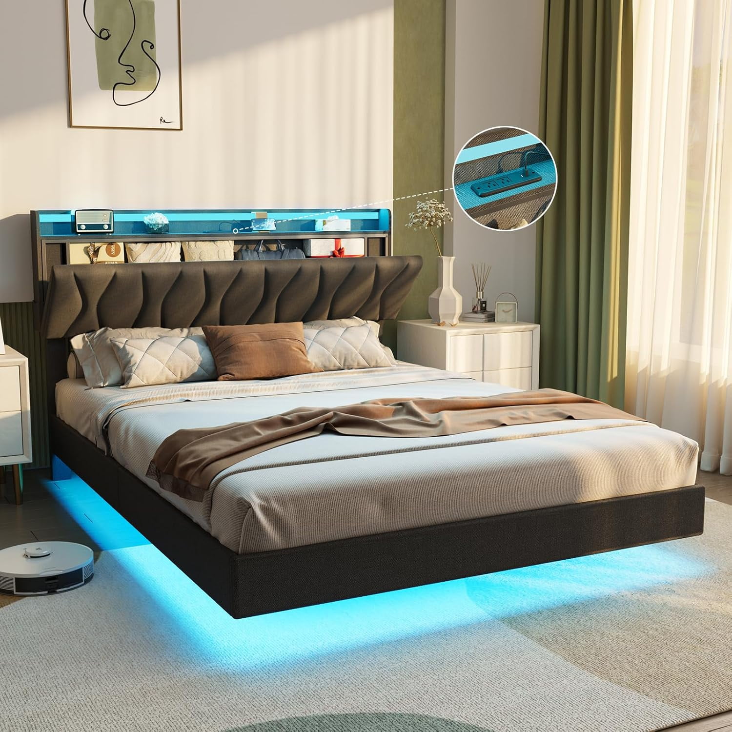 Full Size Floating Bed Frame with Storage Headboard, Full Bed Frame ...