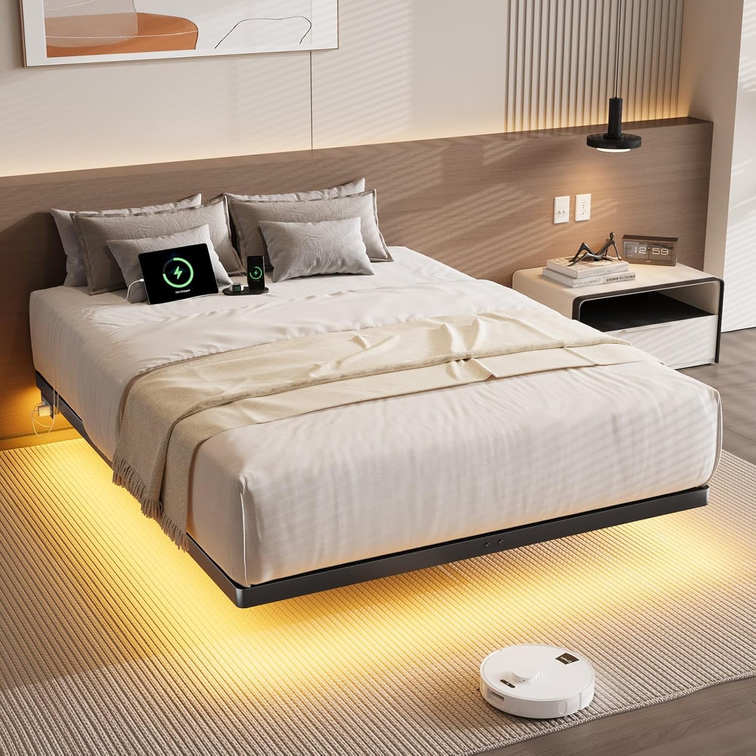 Full Size Floating Bed Frame with USB Charging Station and Smart LED ...