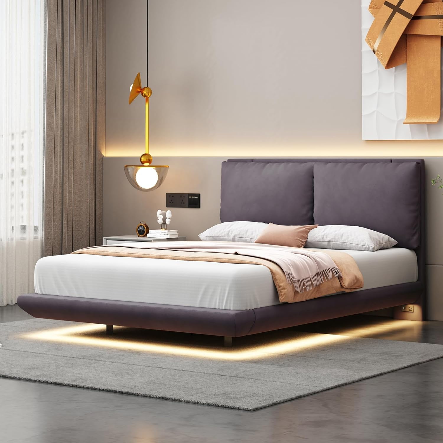 Full Size Floating Bed with LED Lights & USB Power Strips,Modern ...