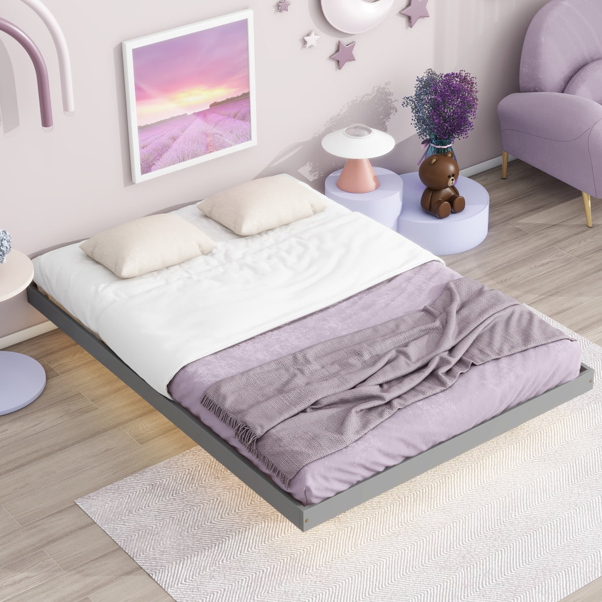 Full Size Floating Bed with LED Lights, Wooden Low Profile Platform Bed ...