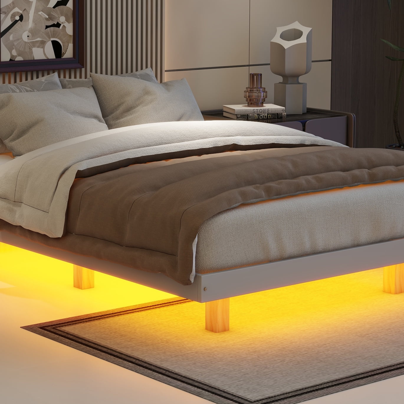 Full Size Floating Bed with LED Lights Underneath, Modern Low Profile ...
