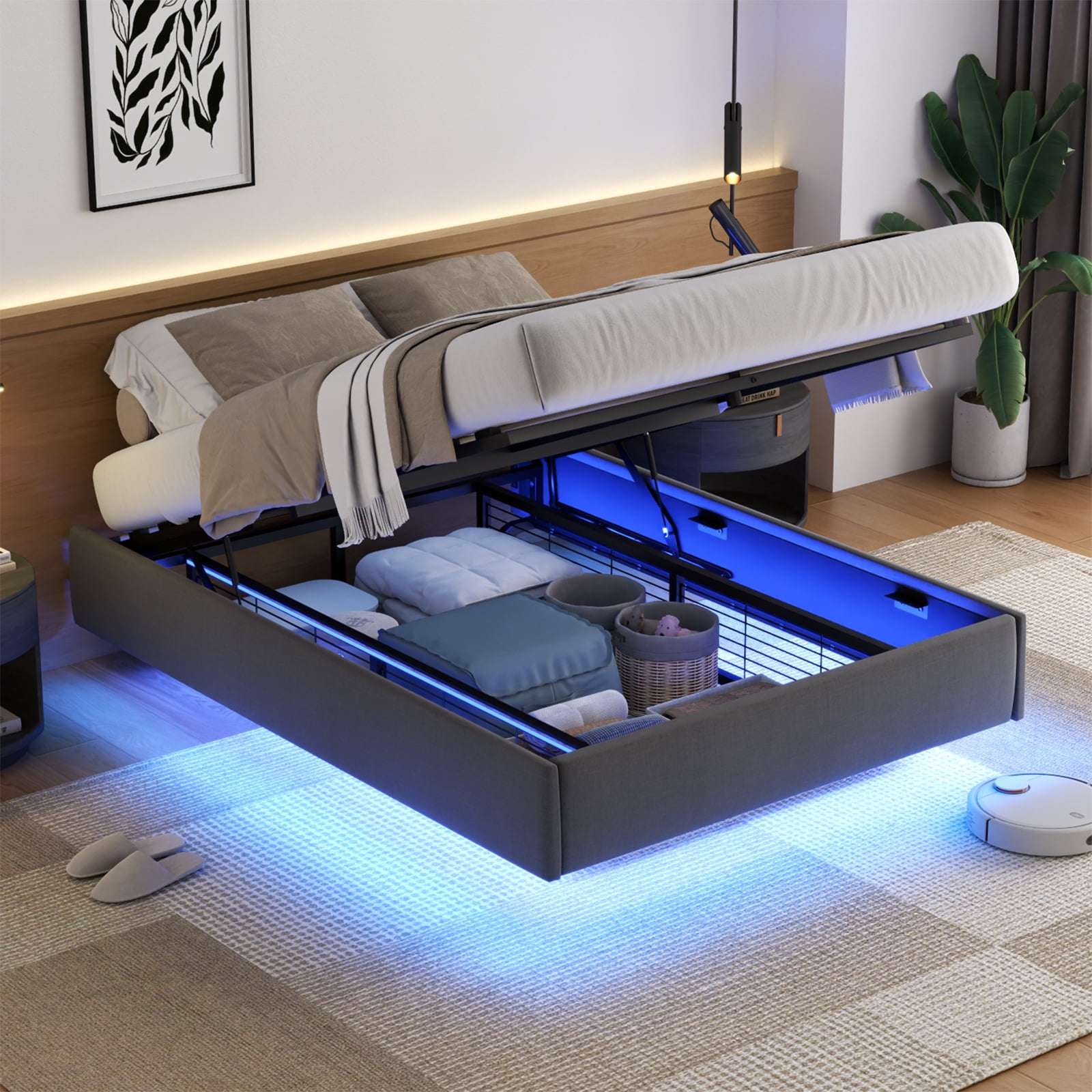 Full Size Floating Lift Up Bed Frame, Lift Up Storage Bed with ...