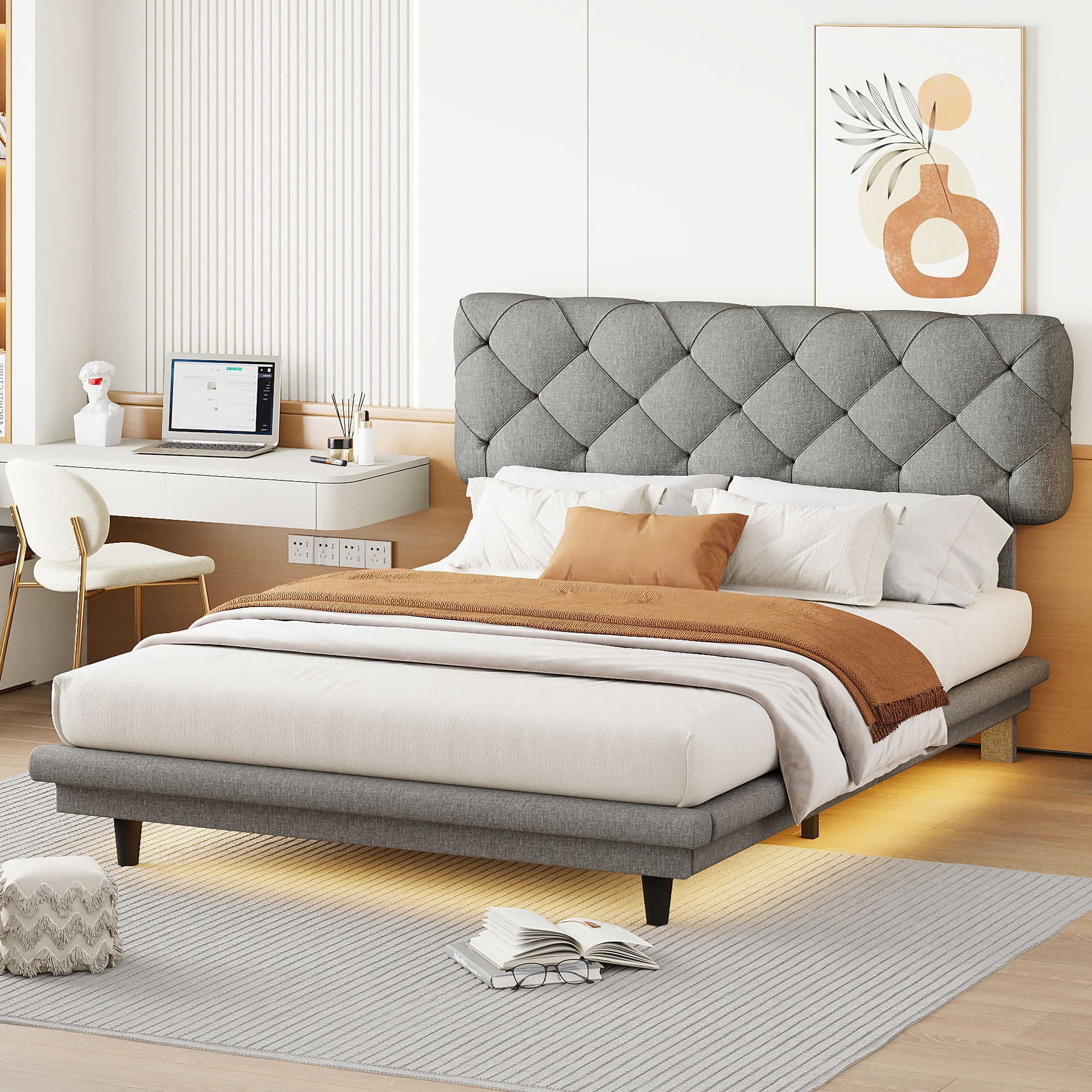 Full Size Floating Platform Bed With Light Stripe Headboard Upholstered ...