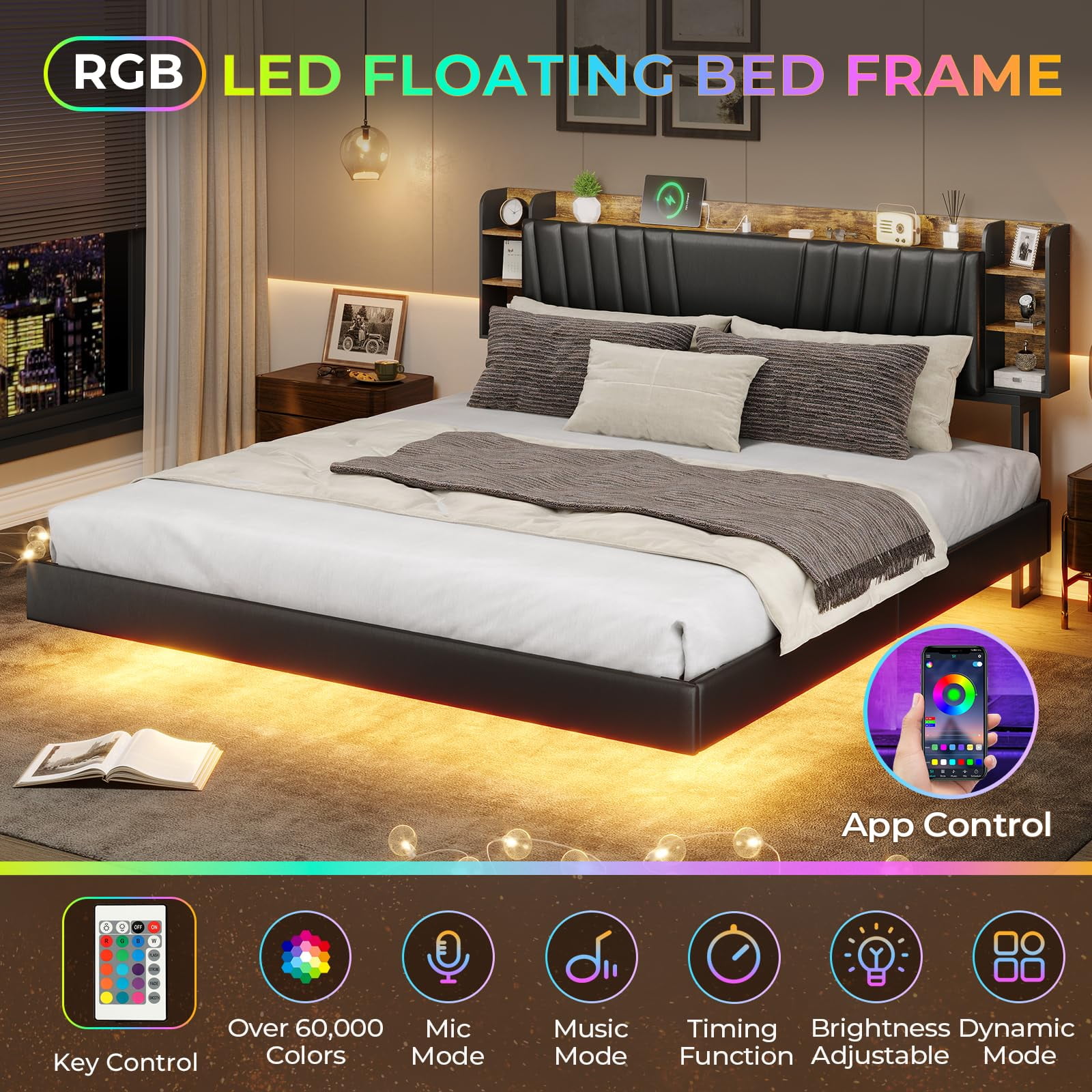 Full Size Floating Storage Bed Frame with Charging Station and LED ...