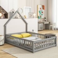 Bellemave Twin Size Floor Bed Frame with Fence-Guardrails & Lookable ...