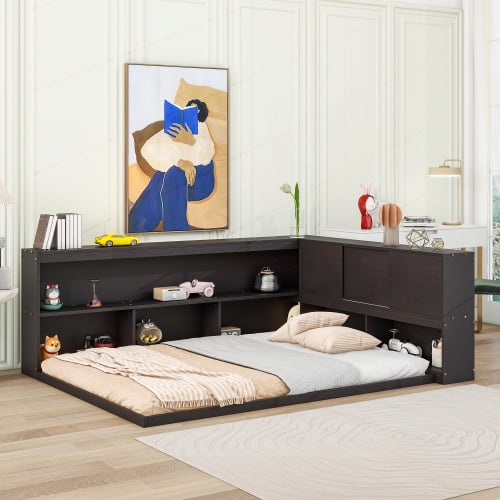 Full Size Floor Bed Frame Base with L-Shaped Bookcases and Storage of ...
