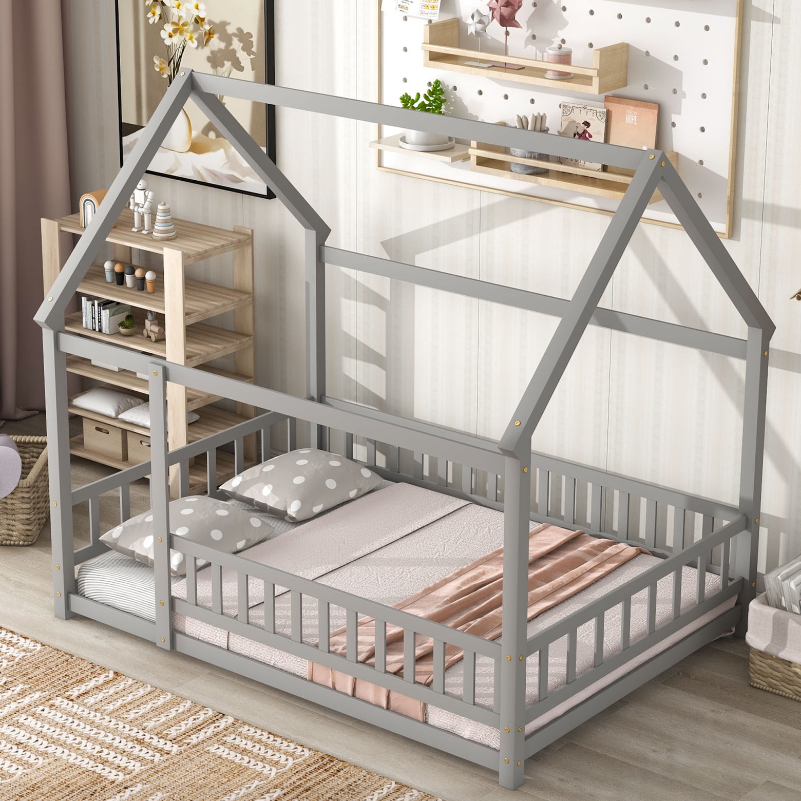 Full Size Floor Bed Frame with Roof for Kids, Wooden Montessori Bed ...