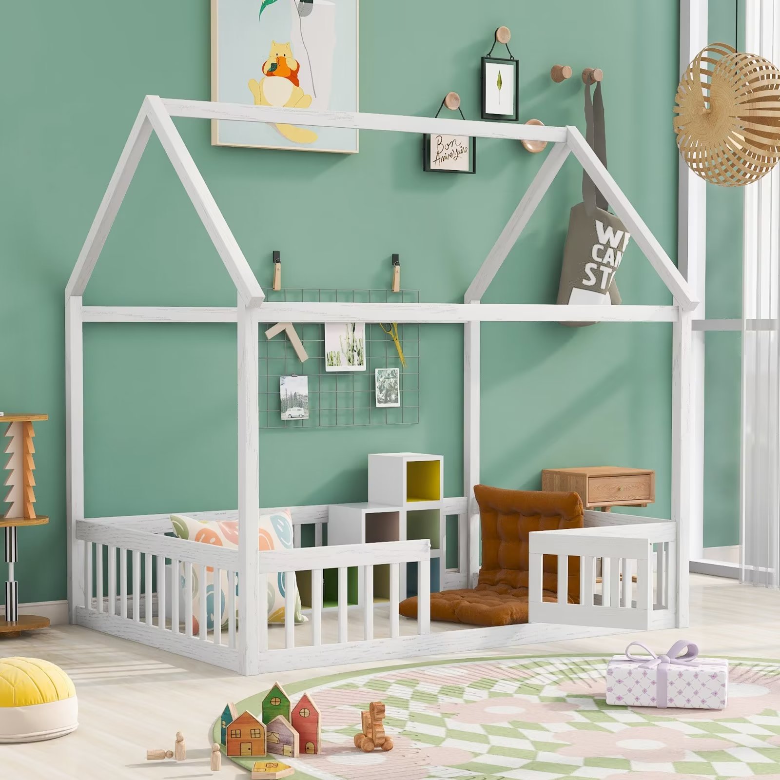 Full Size Floor Bed Frame, Wooden House Bed with Closeable Door and Fence-shaped Guardrail ...