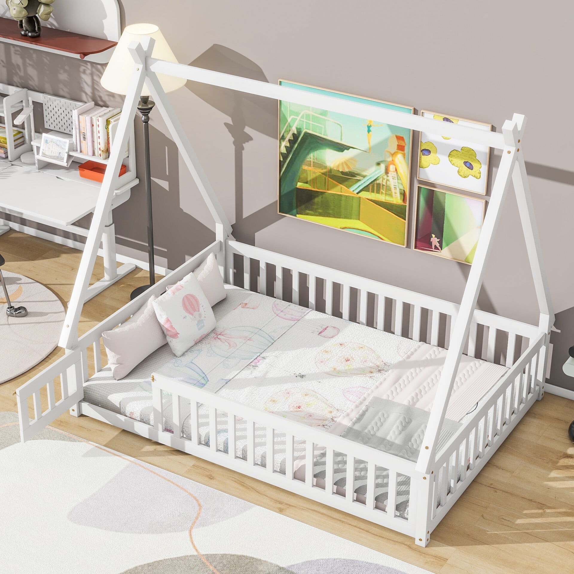 Full Size Floor Bed for Kids, Tent-Shaped Full Teepee Bed Frame with ...