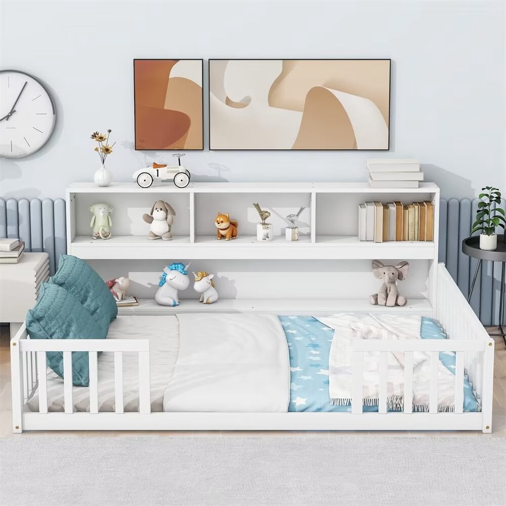 Full Size Floor Bed for Kids, Wooden Montessori Bed Frame with Bedside ...
