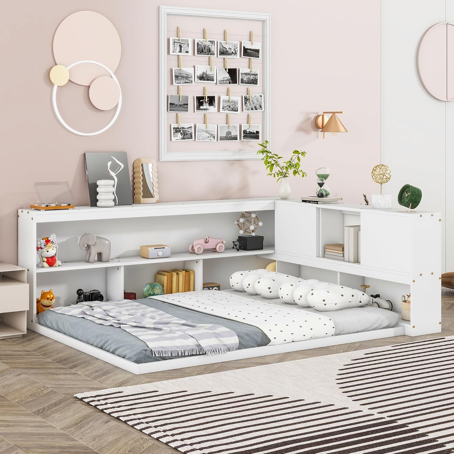 Full Size Floor Bed with L-Shaped Bookcases, Wood Platform Bed with ...