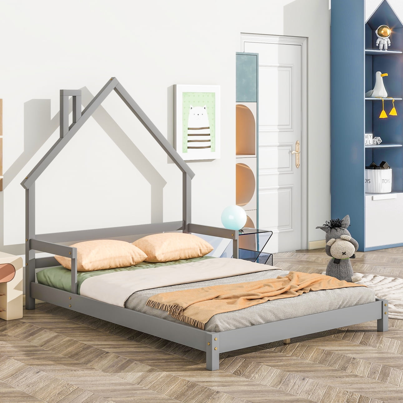 Full Size Floor Bed Wooden Montessori Floor Bed with House-Shaped ...