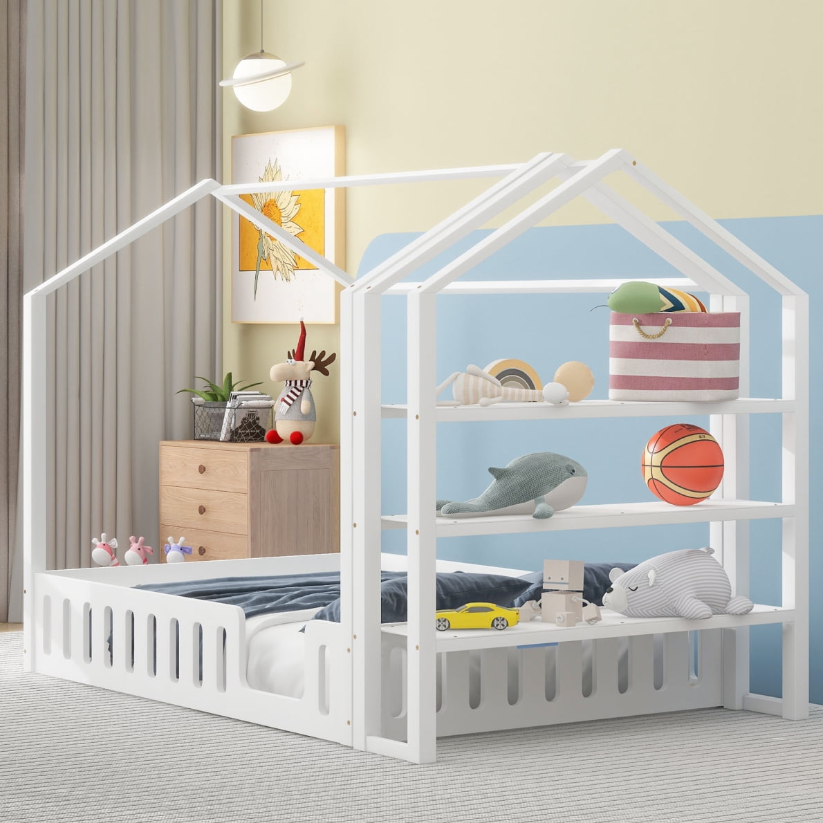 Full Size Floor Bed with Fence, Solid Wood House Bed with Detachable ...