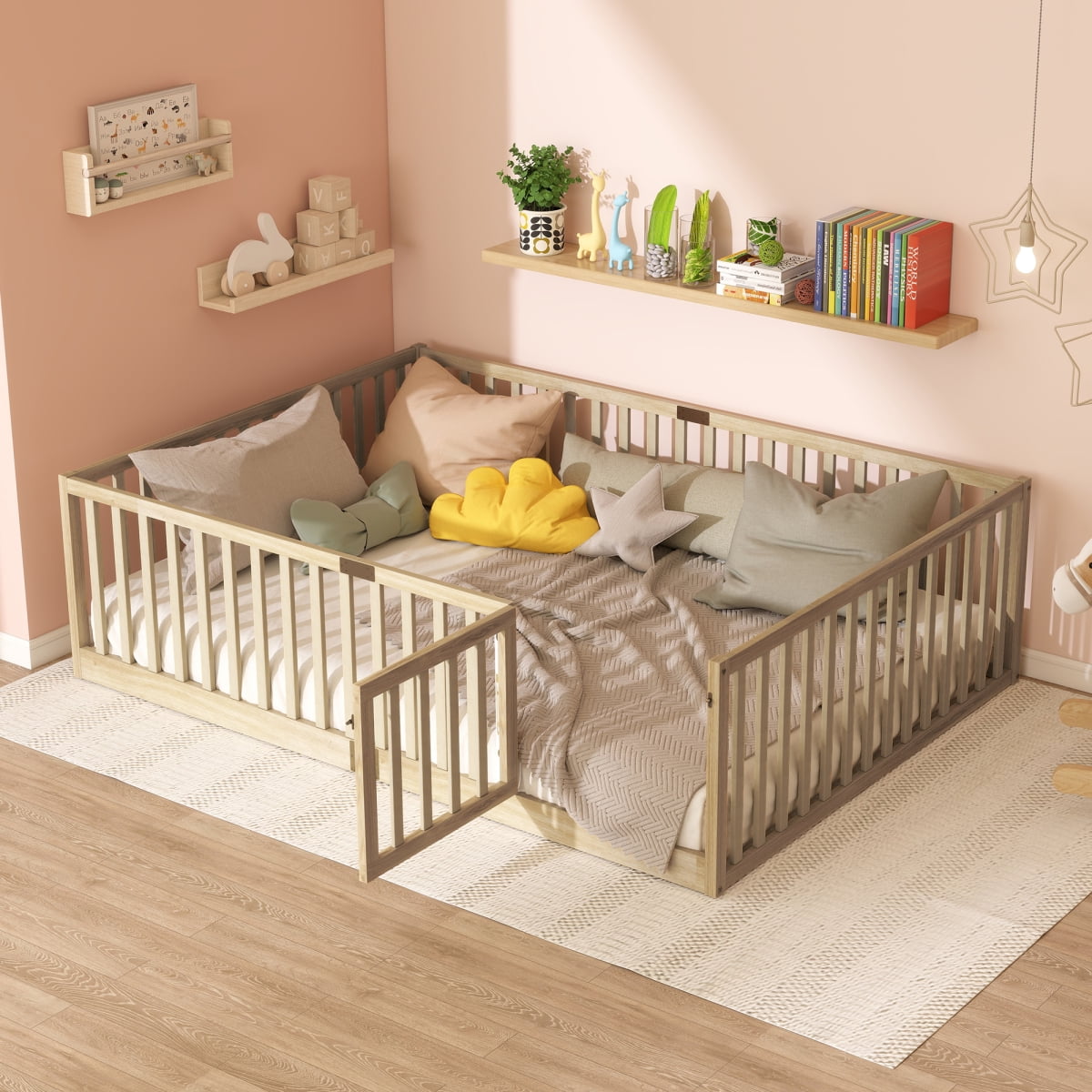 Full Size Floor Bed with High Fence Railings, with Door,6 Slats ...