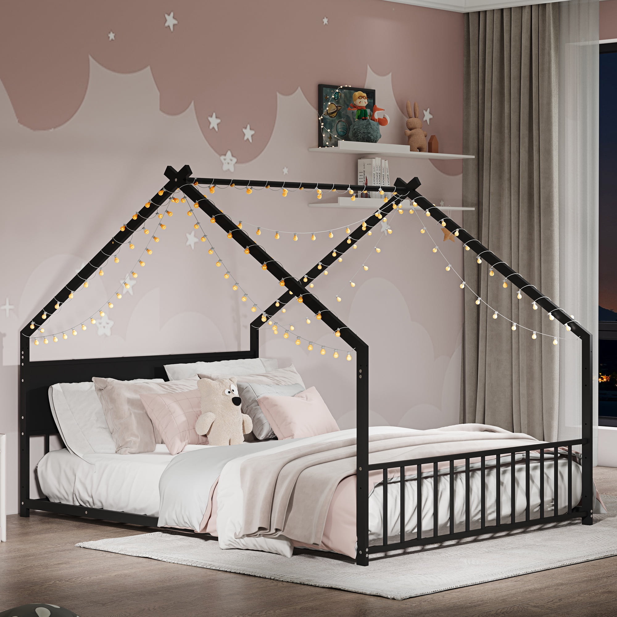 Full Size Floor BedFrame with roof and Lights, Metal Bed Frame with ...