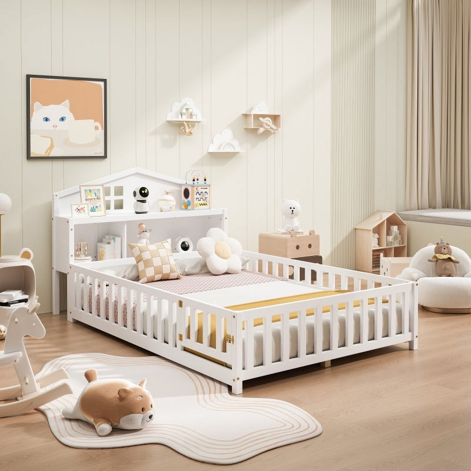 Full Size Floor Platform Bed with Fence and Door for Kids, Montessori ...