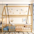 Full Size Floor Wooden Bed with House Roof Frame, Fence Guardrails ...
