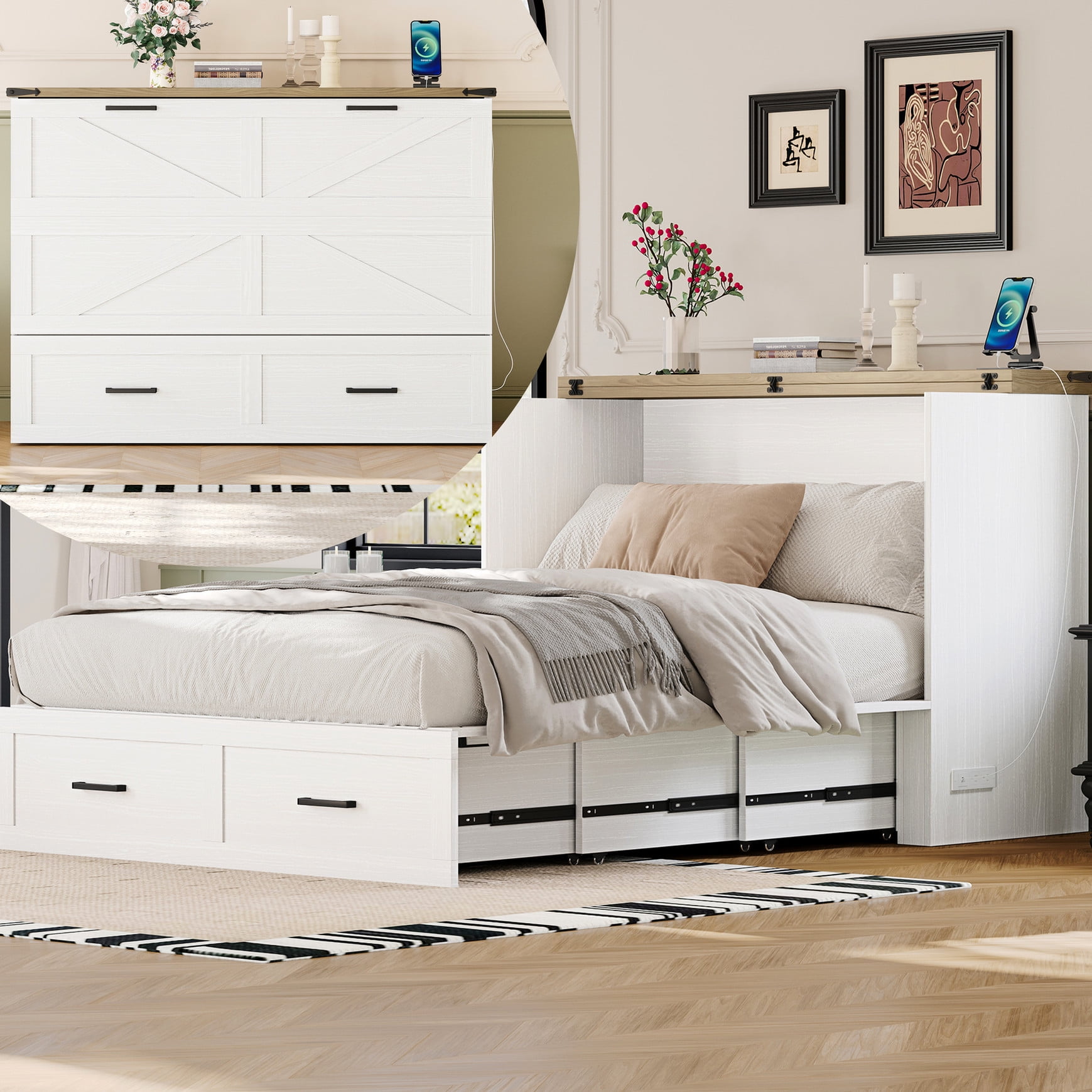 White Foldable Platform Murphy Bed / Full Size, with Storage and ...