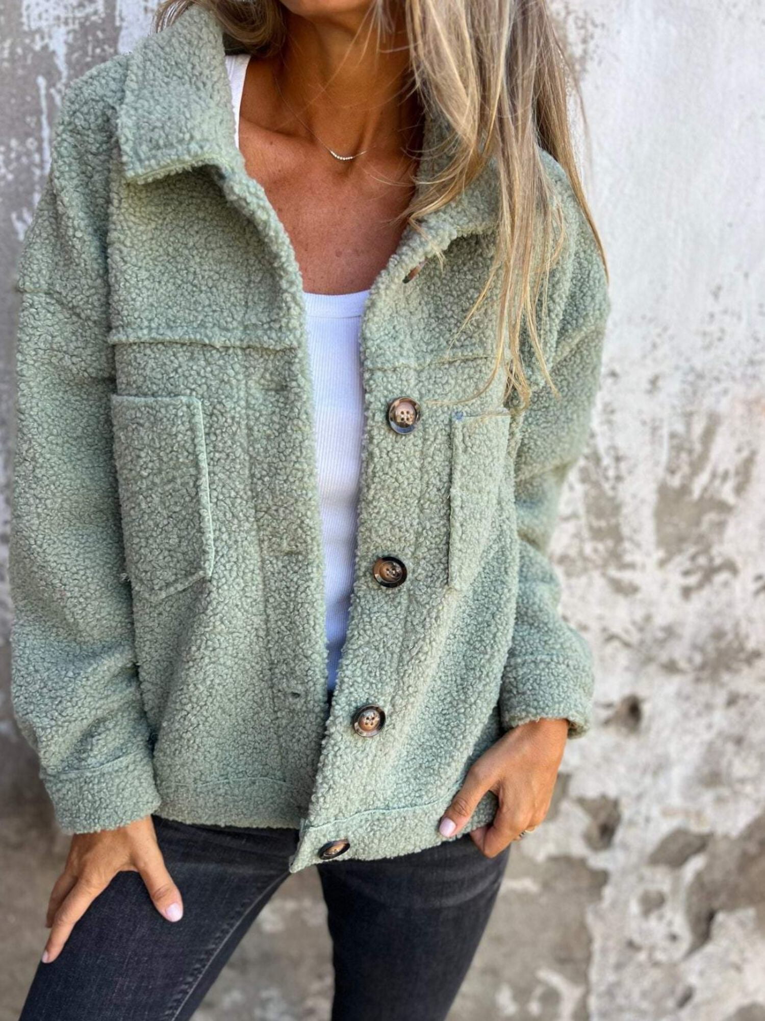 Full Size Fuzzy Button Up Drop Shoulder Jacket - Walmart.com