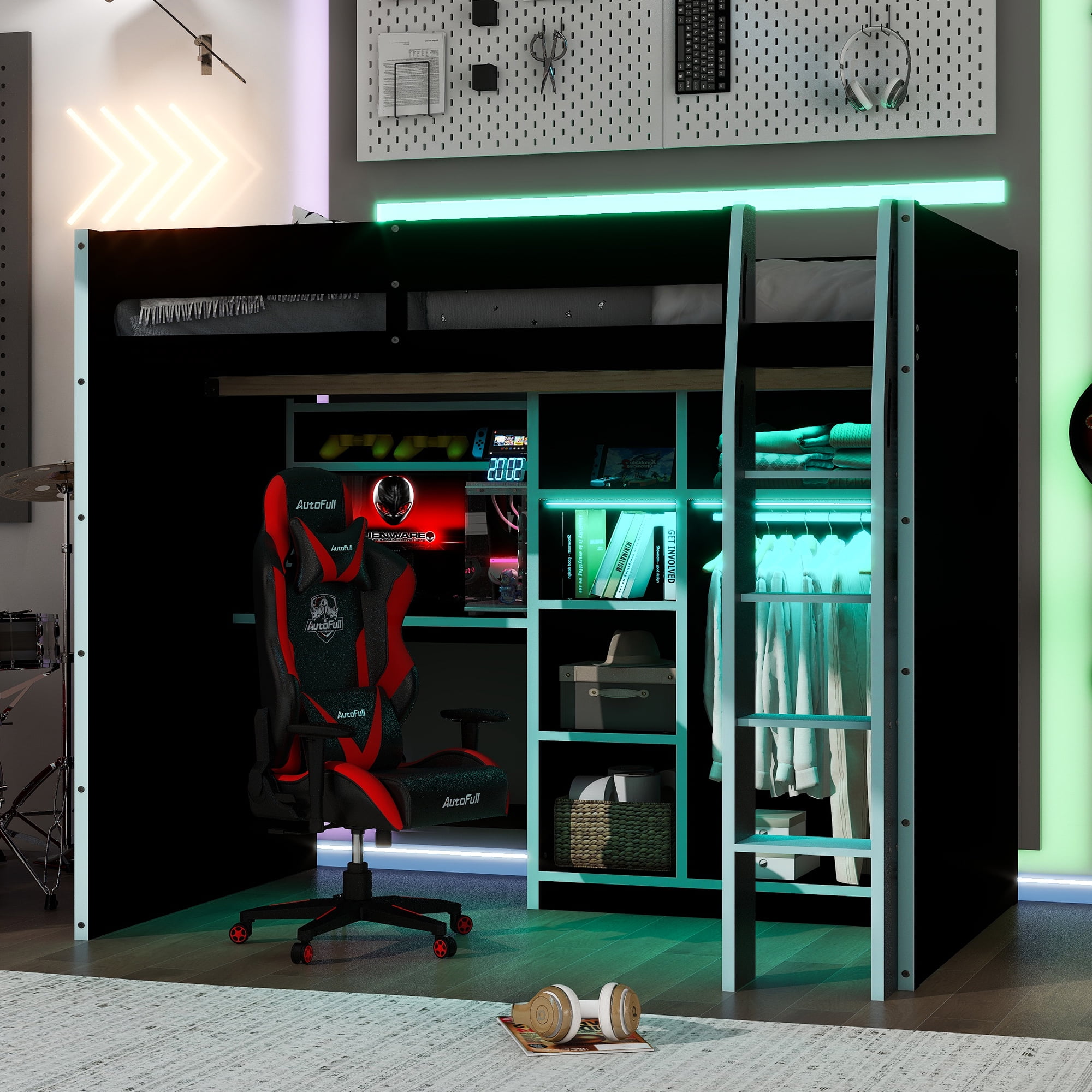 Full Size Gamer Loft Bed with Desk, RGB LED Lights & Storage, Wood Loft ...