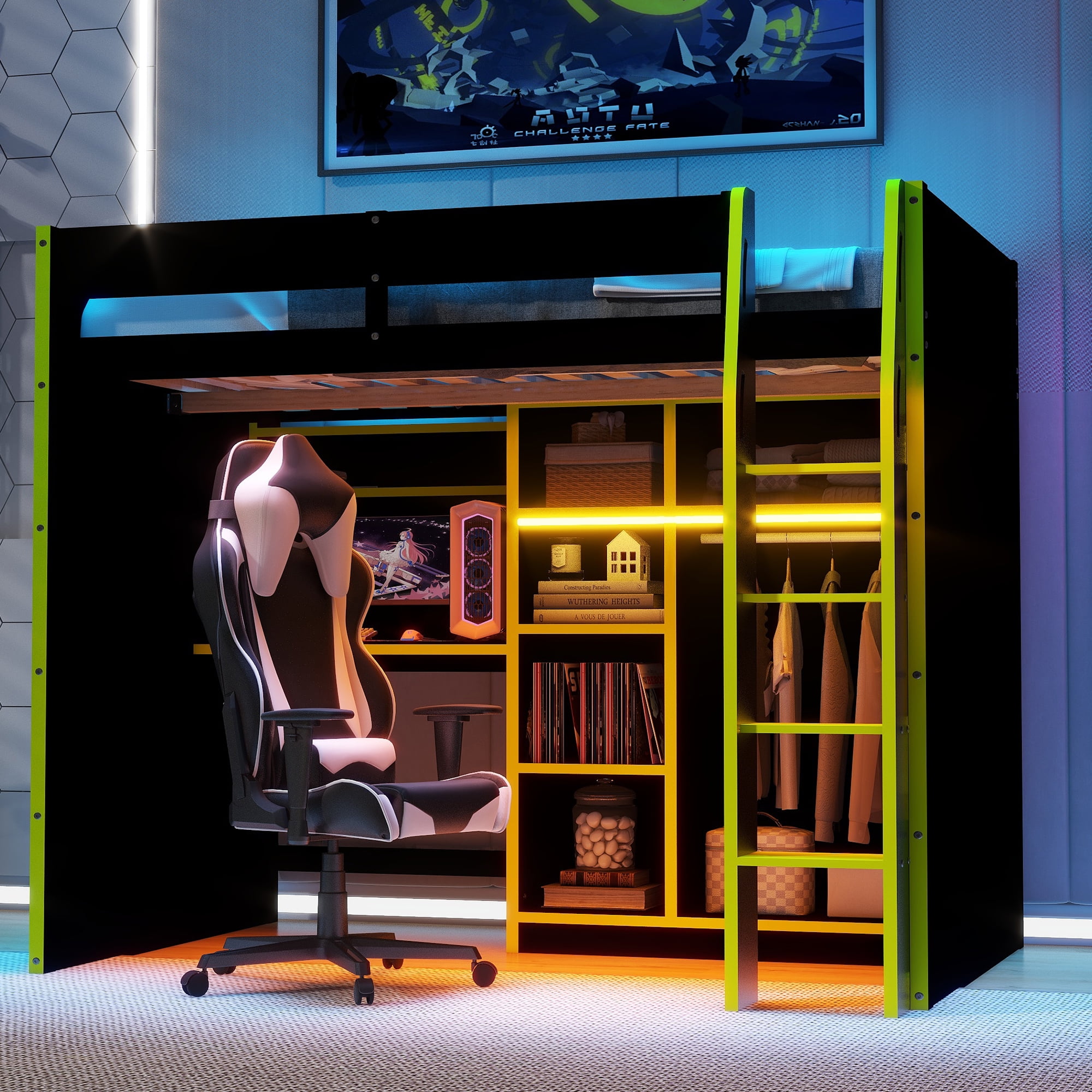 Full Size Gamer Loft Bed with Desk, RGB LED Lights & Storage, Wood Loft ...