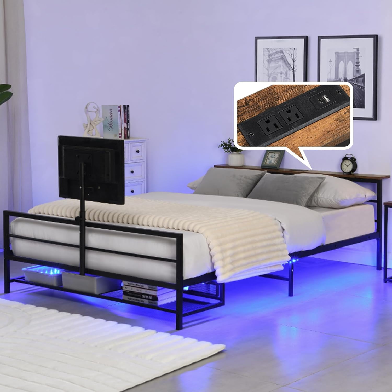 Full Size Gaming Bed with Led, Rotating TV Mount with Vented Console ...