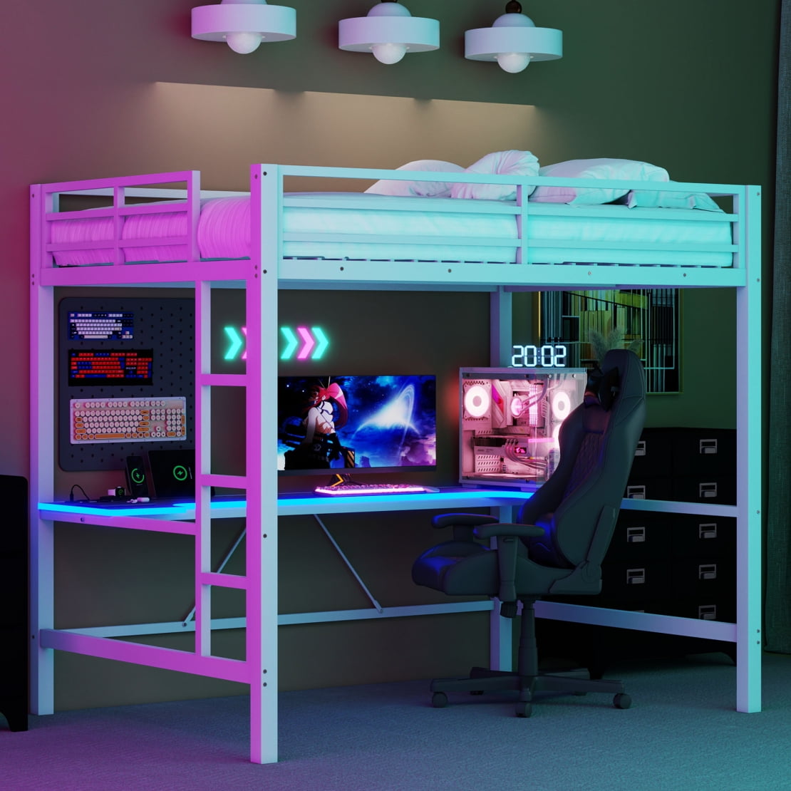 Full Size Gaming Metal Loft Bed with Remote LED Lighting and U-Shaped ...