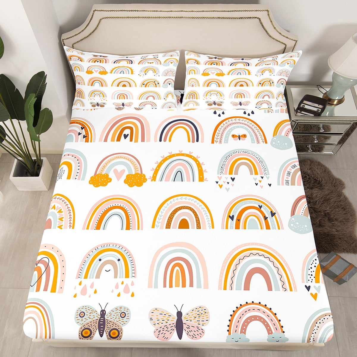 Full Size Rainbow Bed Sheets Cute Cartoon Rainbow Boho Bedding Set ...