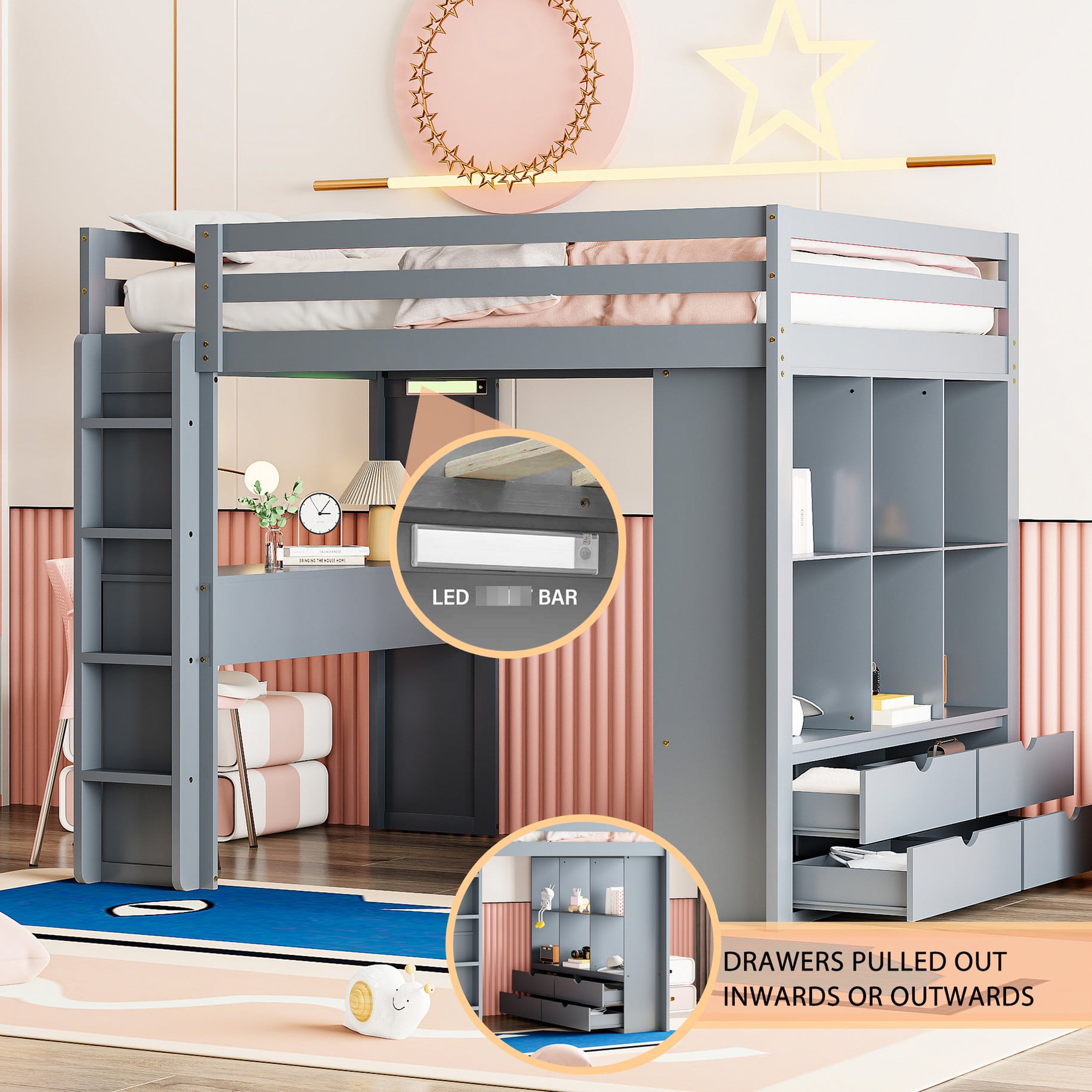 Full - Size Gray Loft Bed | Shelves, Desk & Fun Space | Solid Pine ...