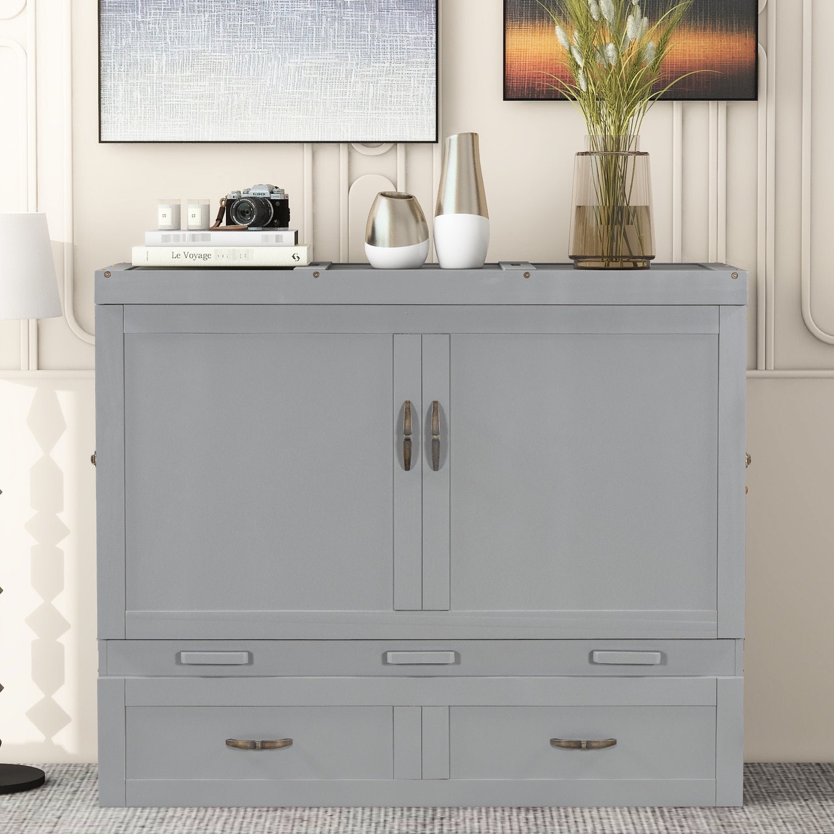 Gray Full Size Murphy Bed with Dual Power/USB | Convertible Cabinet Bed ...