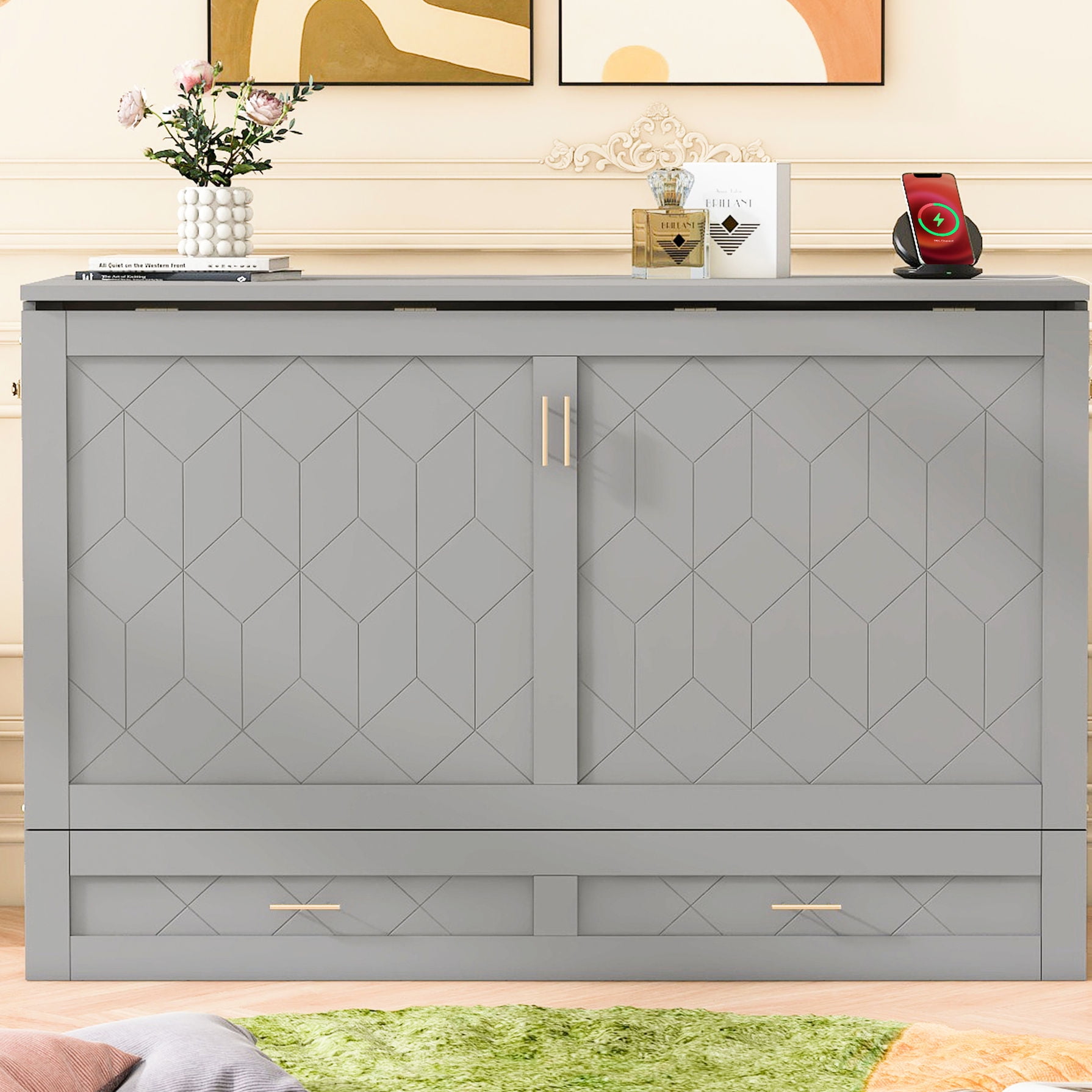 Full Size Gray Wall Bed | Space-Saving with Outlets and USB | Pulley ...