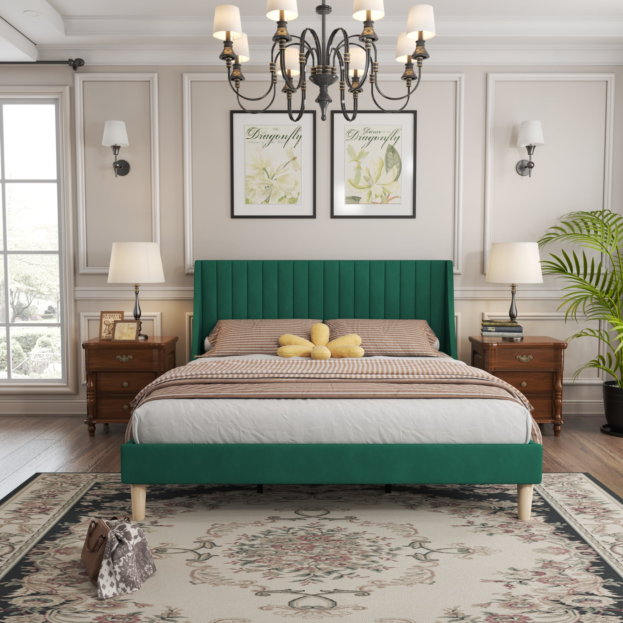 Full Size Green Platform Bed with Upholstered Headboard, Heavy Duty ...