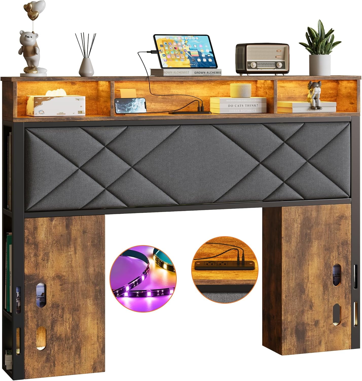 Full Size Headboard, Bed Headboard with Wood Bookcase, Charging Station ...