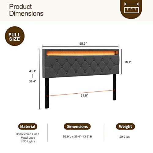 Full Size Headboard with LED Lights & 2 USB Ports, Adjustable Height ...