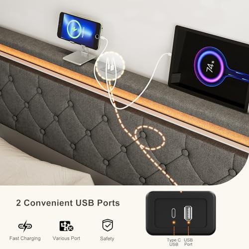 Full Size Headboard with LED Lights & 2 USB Ports, Adjustable Height ...