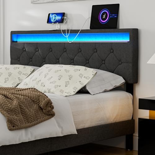 Full Size Headboard with LED Lights & 2 USB Ports, Adjustable Height ...