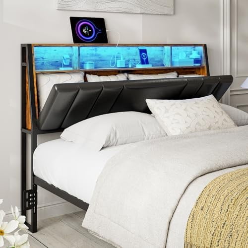 Full Size Hidden Storage Headboard with LED Lights, Ergonomic ...