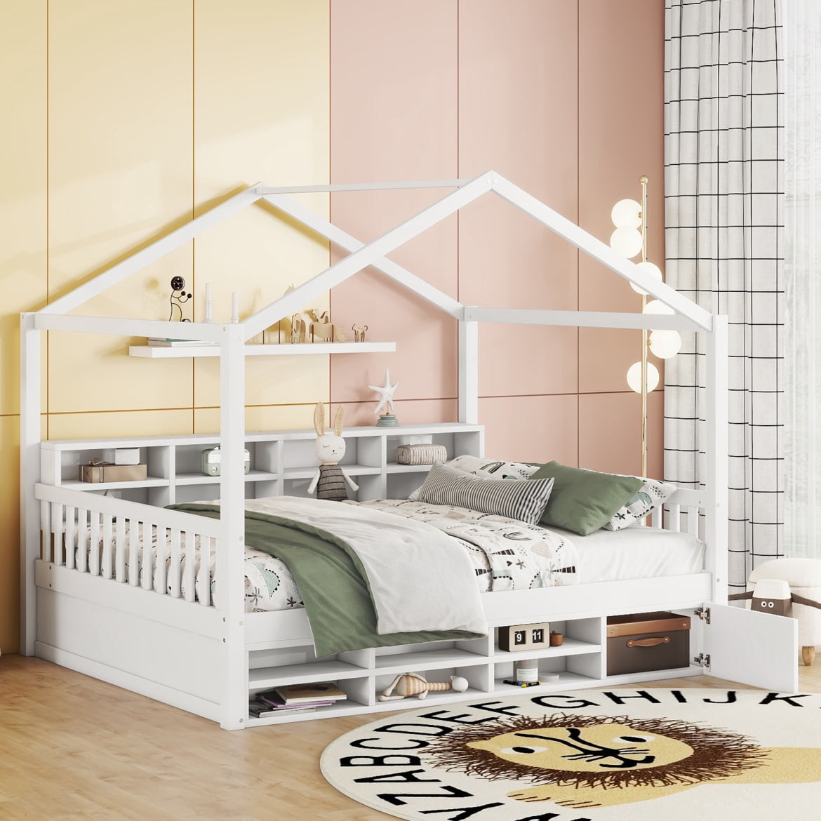 Full Size House Bed Frame with Headboard, Shelves, and a Mini-Cabinet ...
