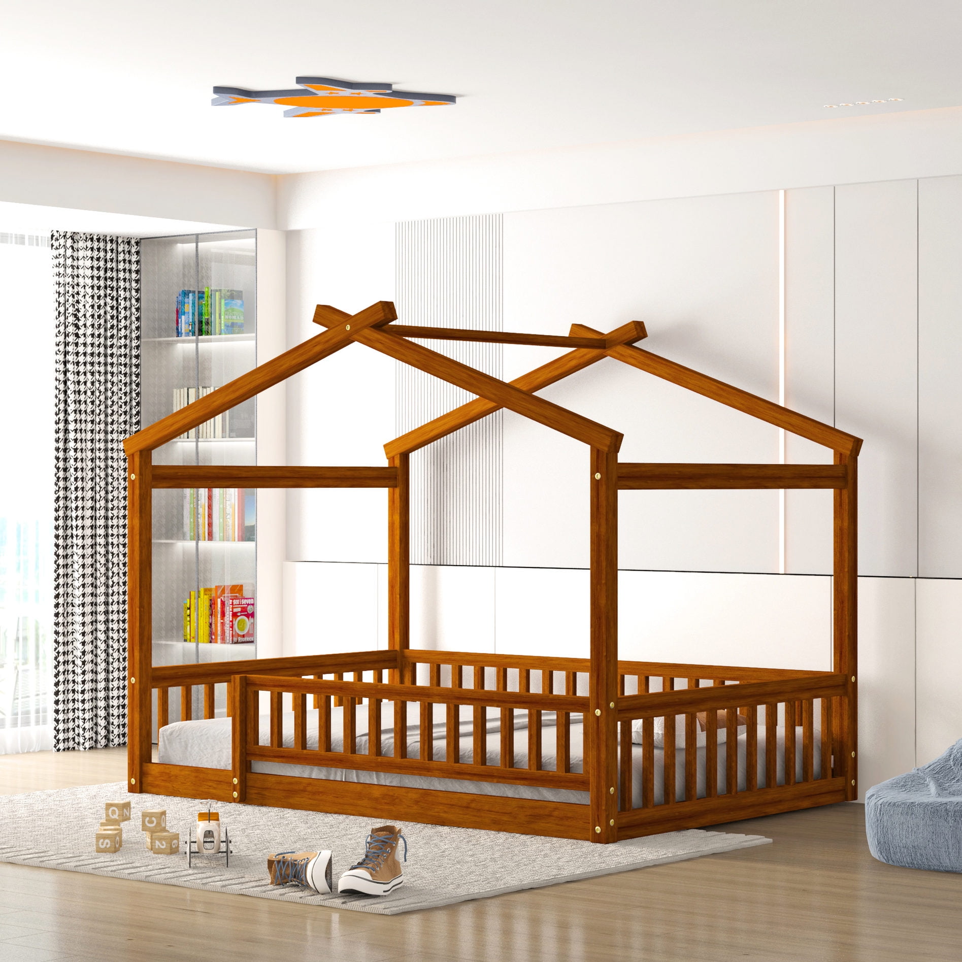 Full Size House Bed Frame In Walnut For , With Fence, Pine Build, Play ...