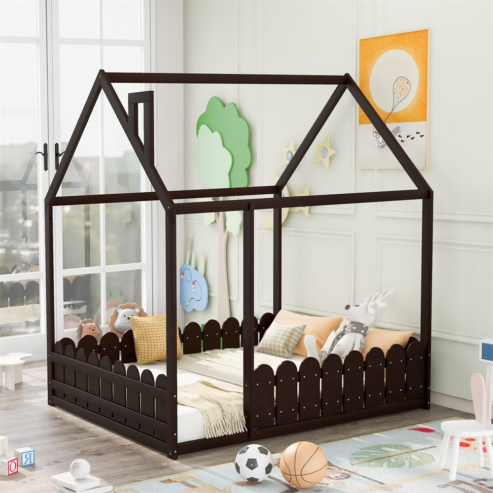 Full Size House Bed for Kids Toddlers and Teens, Wood Floor Bed with ...