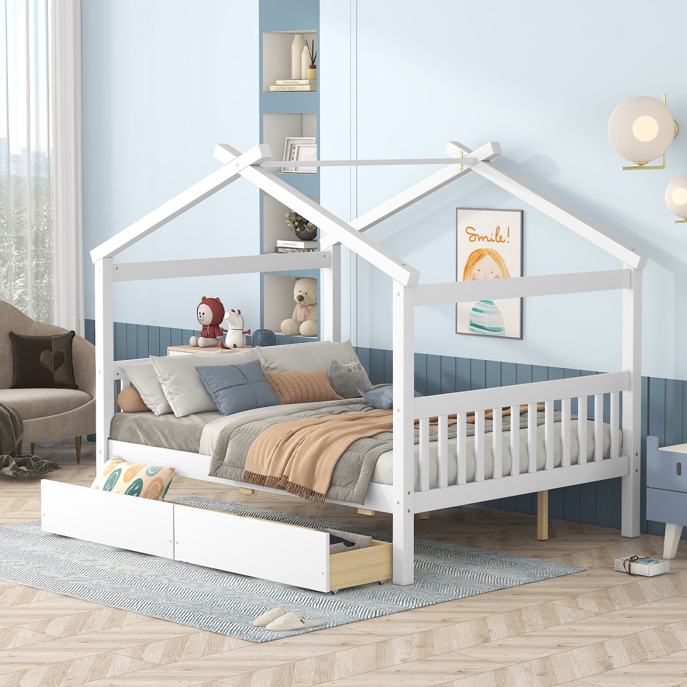 Full Size House Bed, Platform Bed with Two Drawers & Roof, House Cabin ...